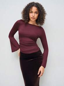 Trioutop Burgundy Pleated Boat Neck Fitted Elegant Long Sleeve Top ...