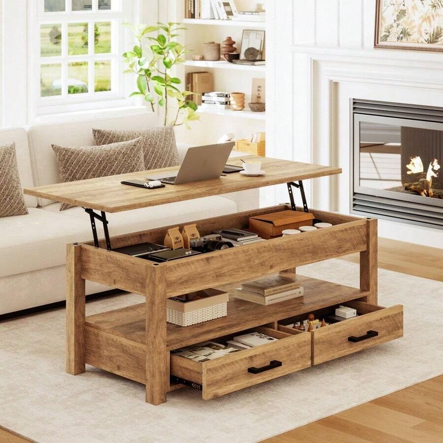 GUNAITO Top Coffee Table With 2 Drawers, Light Brown Wooden Convertible ...