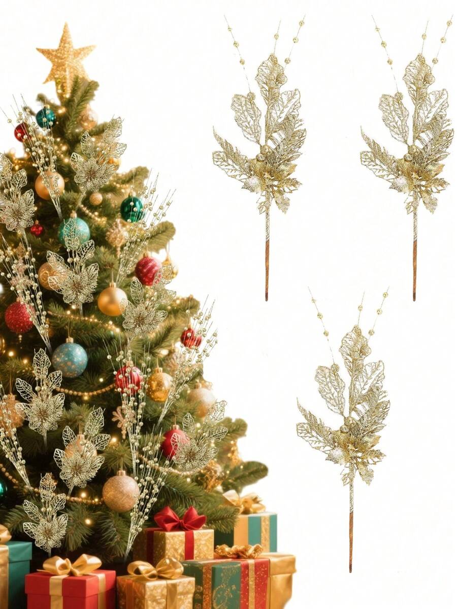 12 Pcs Christmas Artificial Flowers Berry Leaves, Christmas Tree Picks ...