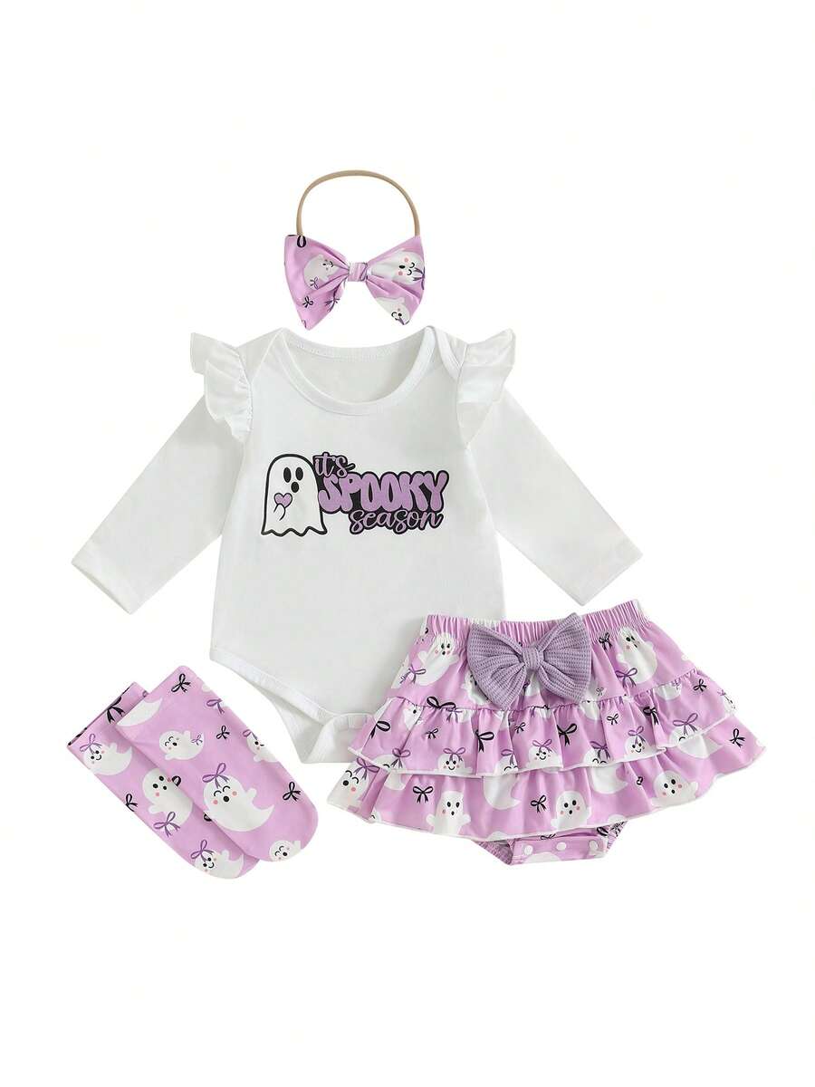 Baby Girl Halloween Outfit Pumpkin/Ghost Long Sleeve Romper Ruffle Shorts Stockings And Bow ...