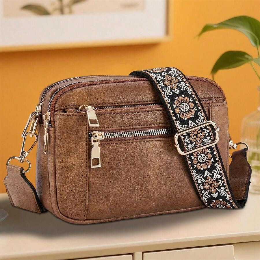 Women's Shoulder Purse Zipper Stylish PU Texture Crossbody Bag With ...