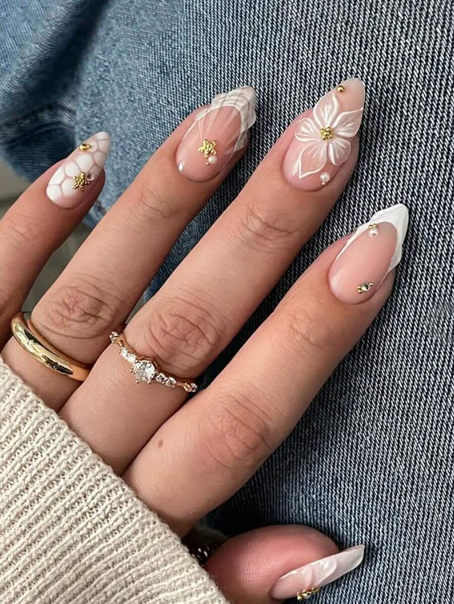 24pcs/Set French Almond Shaped White Tie Dye Base Color Unique 3D ...