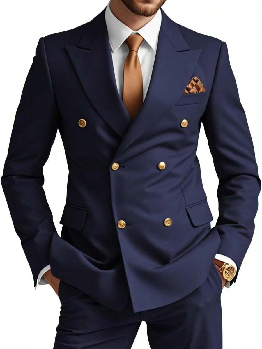 Men's Double-Breasted Suit Two-Piece Slim Wedding Suit Men's Double ...
