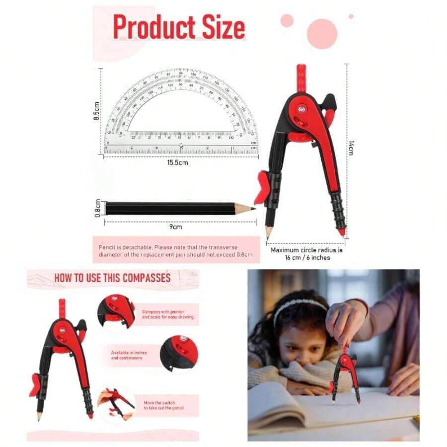 Red Student Geometry Math Set, Drawing Compass And 6 Inch Clear Swing ...