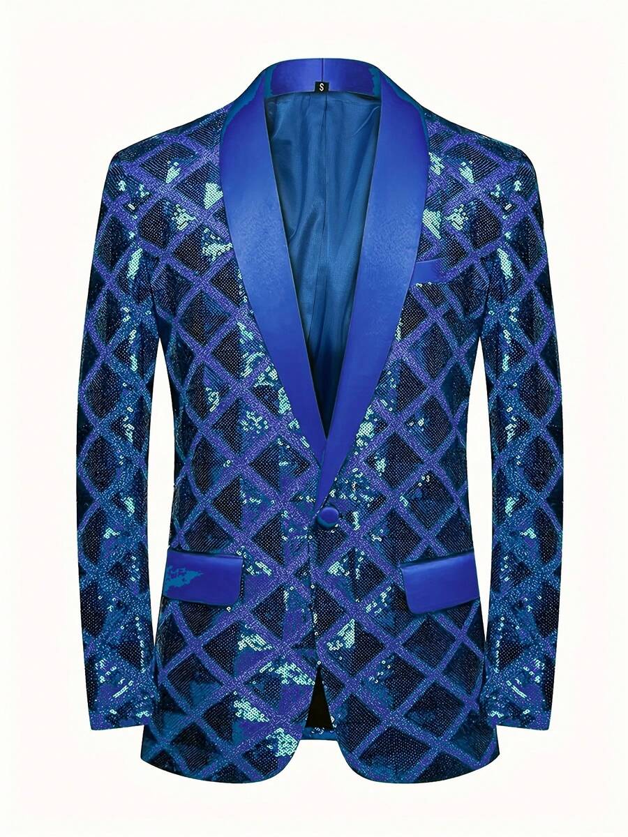 Men's Blue Sequin Sparkly Blazer Set - Long Sleeve Glitzy Shimmer ...