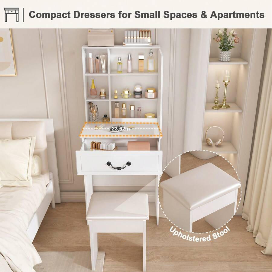 Modern Space-Saving Makeup Vanity Desk With Adjustable LED Mirror Light ...