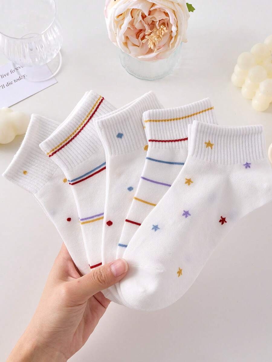 5 Pairs Women's Cute White Short Socks, Colorful Striped, Polka Dot ...