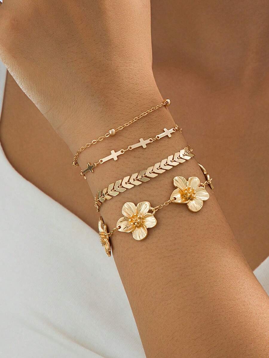 4 pezzi Set di braccialetti eleganti e di lusso con fiore a 5 petali ...