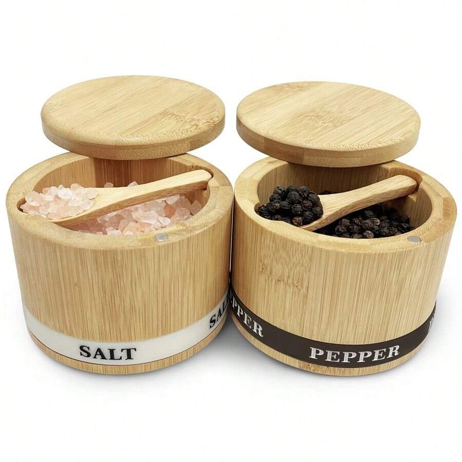 Bamboo Salt And Pepper Box With Swivel Lid And 2 Spoons - 13OZ - Salt ...