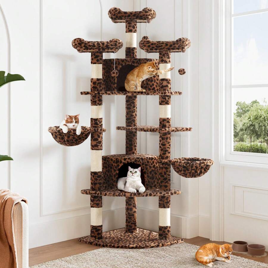 Allewie 73in Fan-Shaped Space-Saving Corner Cat Tower/Multi-Level Tall Cat Tree For Indoor ...
