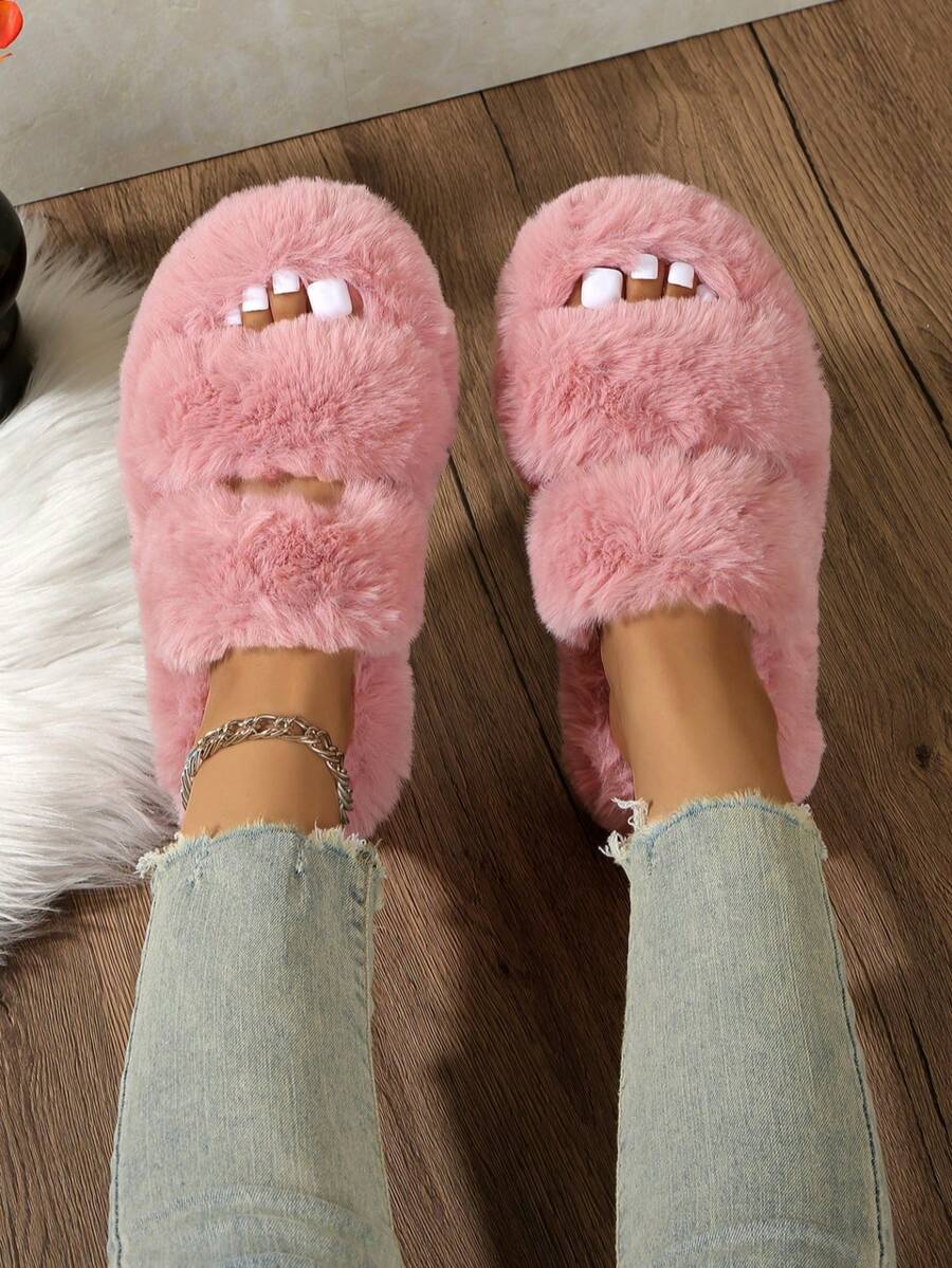 1 Pair Casual & Fashionable Simple Slip-On Fluffy Slip-On Flat Slippers ...