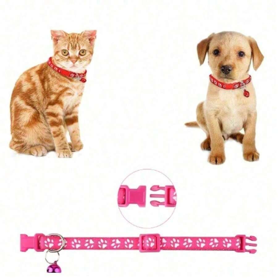 Red Paw Print Bell Collar - Adjustable Pet Necklace With Safety Buckle ...