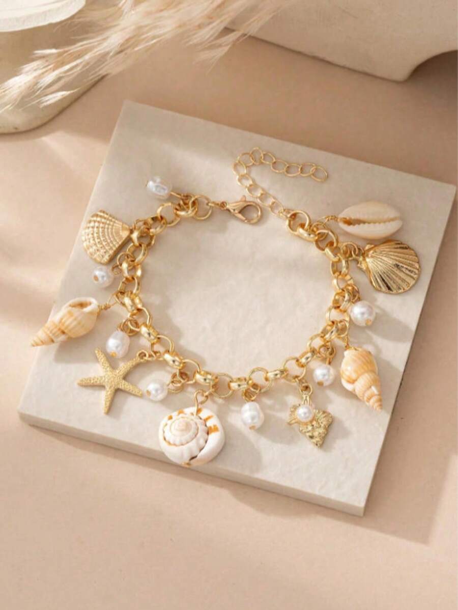 1pc Ocean Theme Starfish, Shell, Pearl Charm Bracelet, Fashionable ...