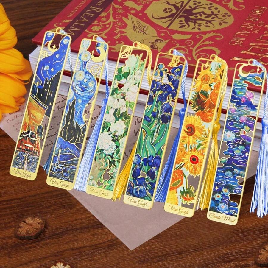4pcs Metal Bookmarks With Tassel, Golden Van Gogh Monet Oil Painting ...