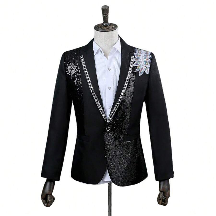 Men Stage Performance Suit Black White Rhinestone Wedding Tuxedo ...