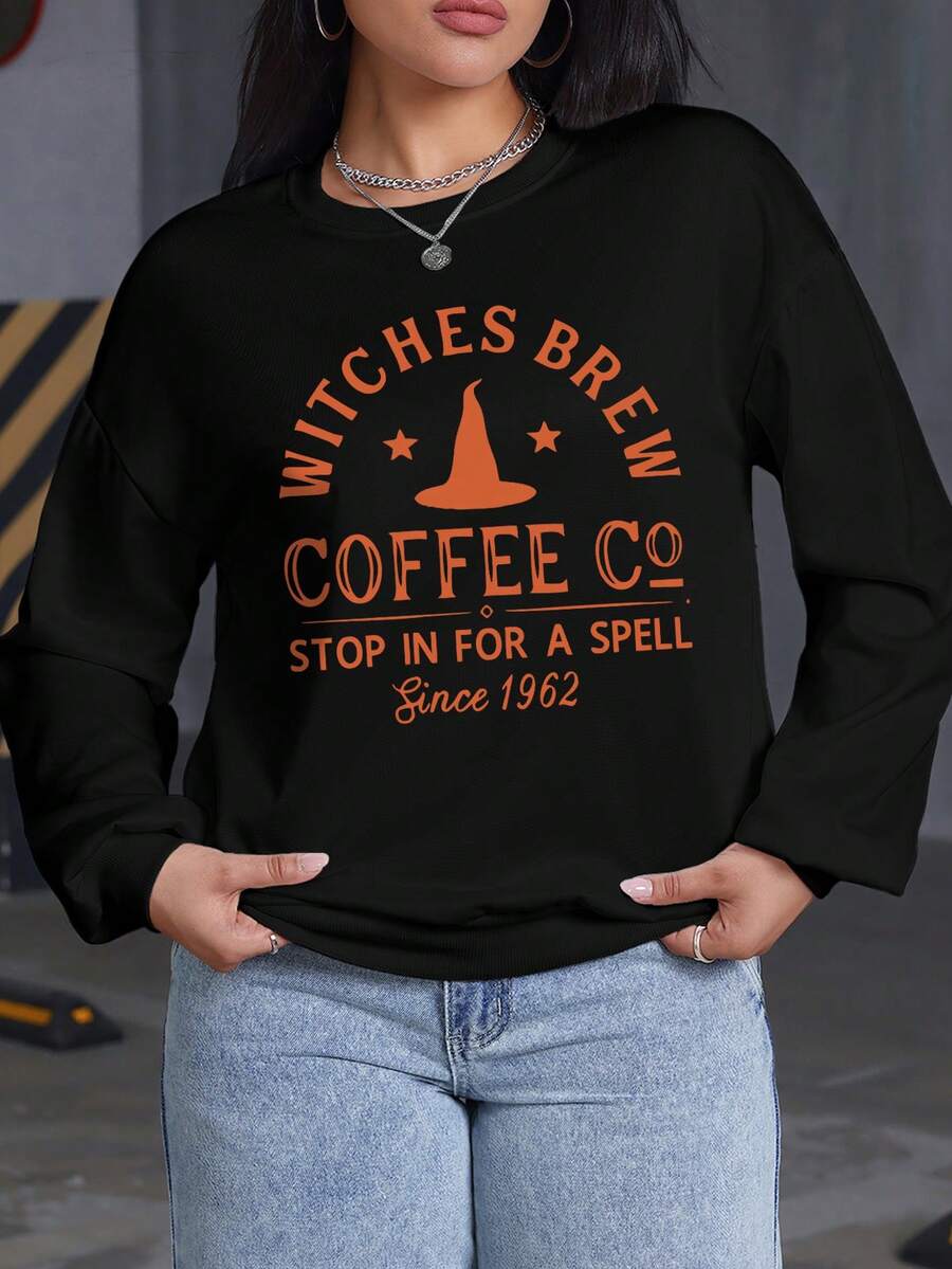 Halloween Hat Letter Print Sweatshirt, Casual Long-Sleeved Round Neck ...