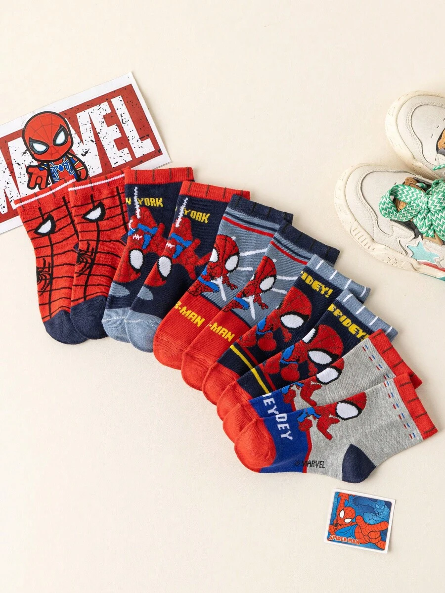 Disney 10 Pairs Kids Socks, Superhero Spider-Man Socks, Boys Mid-Calf ...