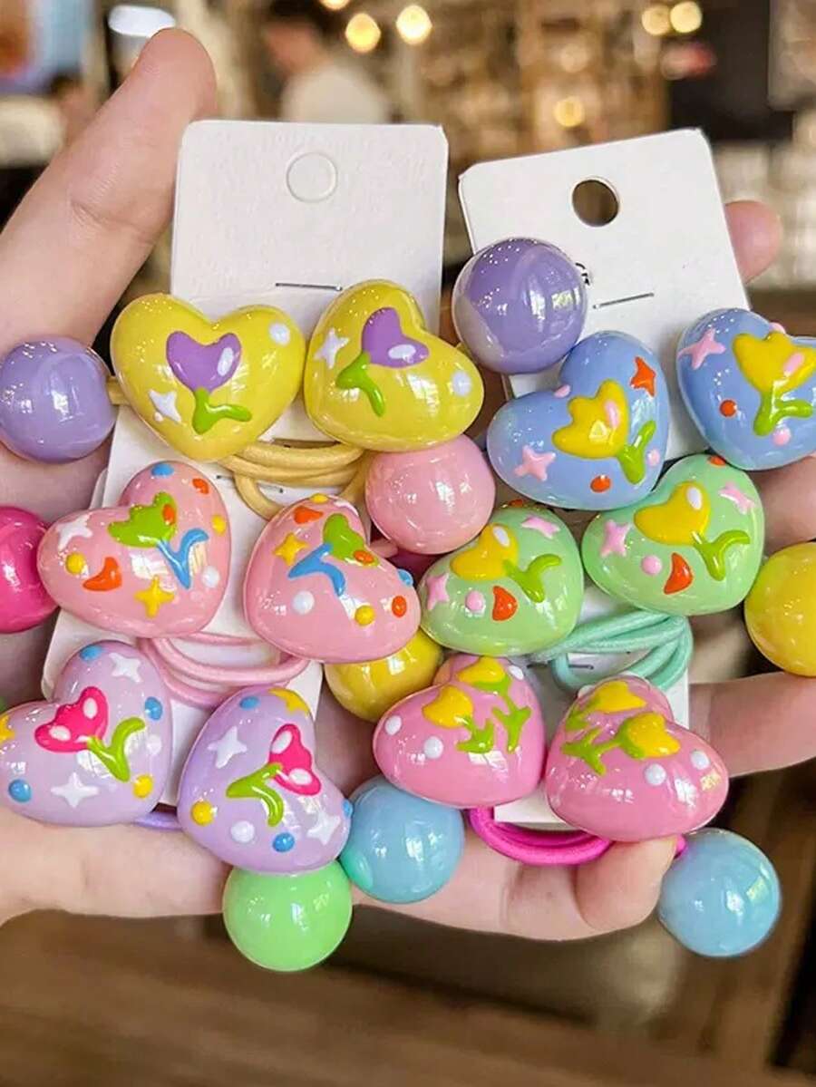 5pcs/1pc Cartoon Contrast Color Heart Hair Ties, Colorful Scrunchies ...