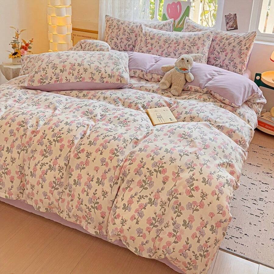 3pcs Small Floral Double-Layer Yarn 1 Duvet Cover 2 Pillowcase Set,No ...
