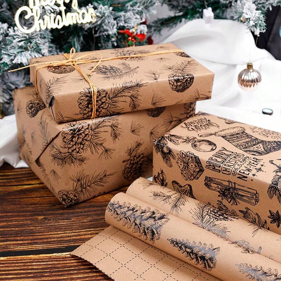 1PC 3-Meter Long Giant Roll Christmas Wrapping Paper - Beige And Brown ...