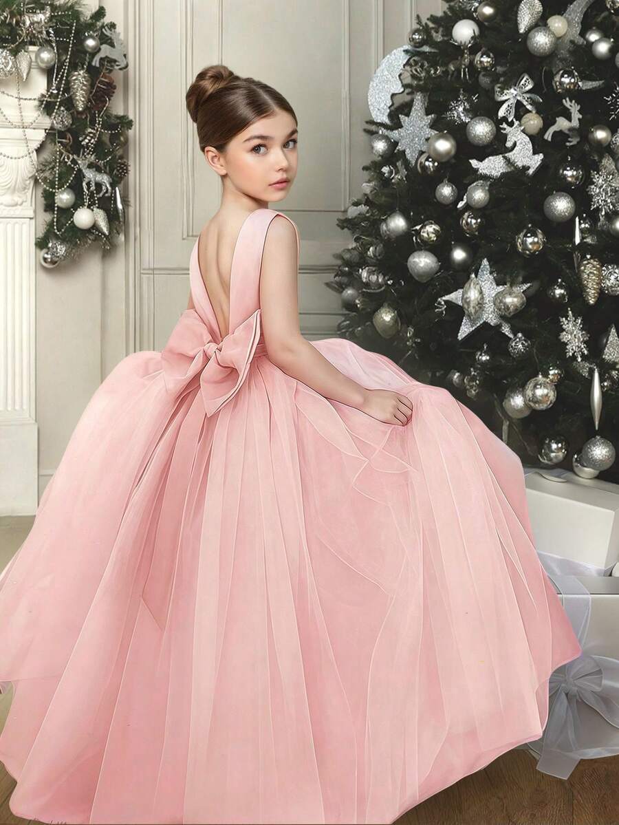 Tween Girl Elegant Bowknot Mesh Formal Dress, Suitable For Wedding And ...