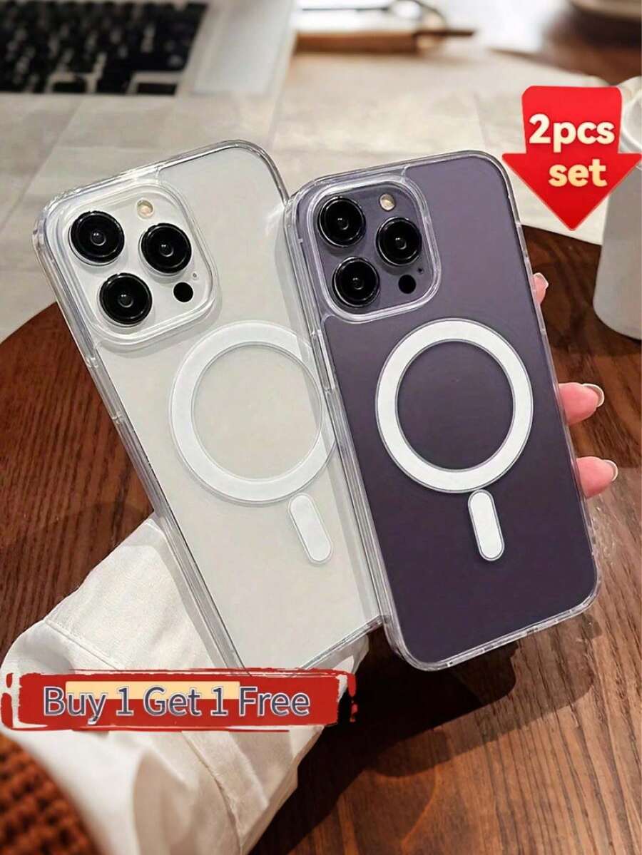 2PCS Transparent Magnetic Mobile Phone Case, Supports Wireless Charging ...