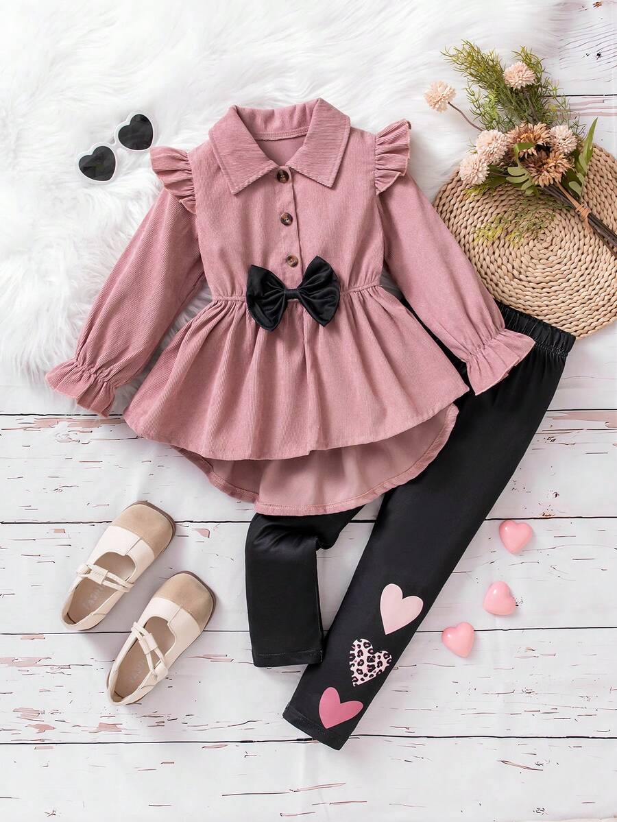 Girls Vintage Corduroy Cute Academic Style Outfit, Pink Top With Ruffle ...