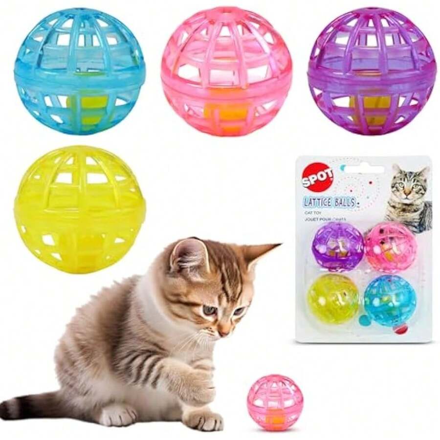 Set Of 4 Durable Cat Toys 1.5 Inch Lattice Balls With Bells For Indoor ...