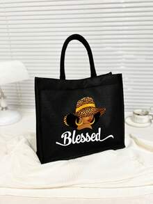 2pcs Set Simple Printed Linen Tote Bag - Waterproof, Decorated With ...