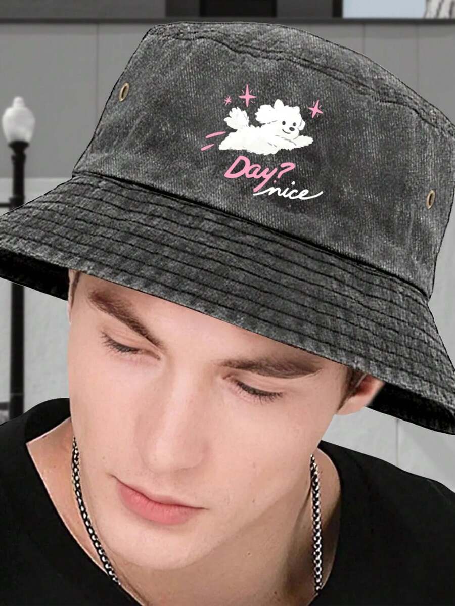 Comfort, Commute, Dag Nice White Cartoon Puppy Cotton Washed Fisherman ...