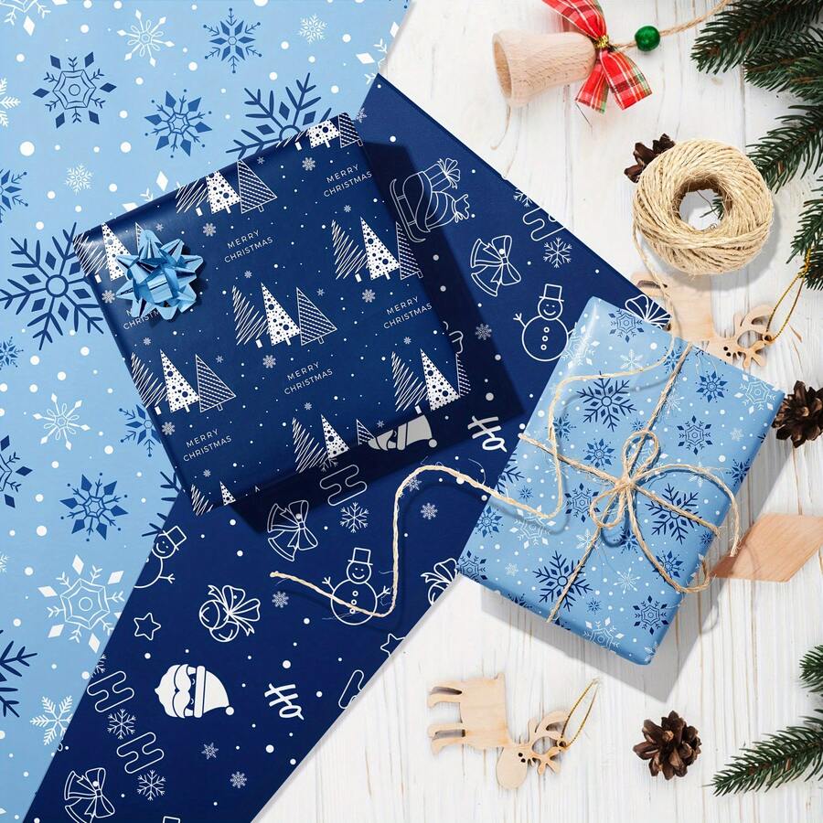 6/12pcs Dark Blue Christmas Wrapping Paper With Snowflake & Reindeer ...