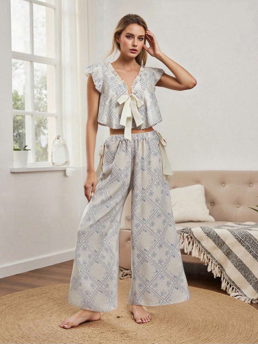Women 2 Piece Pajamas Set Floral Print Tie Front Fly Sleeves Shirt And ...