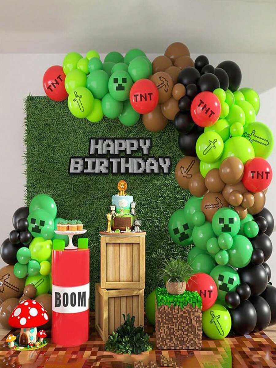 122pcs Minecraft Pixel Green Plaid Mosaic Theme Birthday Party ...