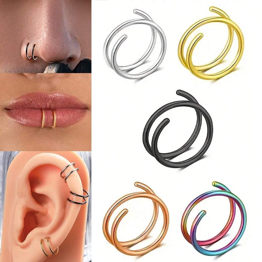 2/5pcs Double Hoop Nose Ring For Single Piercing 20 Gauge Spiral Nose ...
