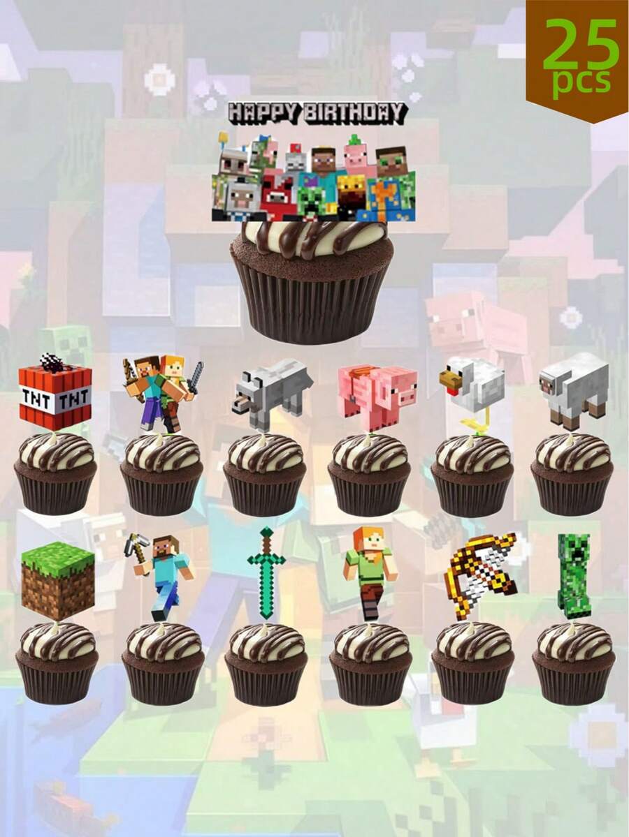 25pcs Minecraft Themed Steve, Alex, Character Cake Decorations Picks ...