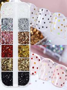 12Grids Valentines Laser Heart Nail Art Glitters Heart Star Nail ...