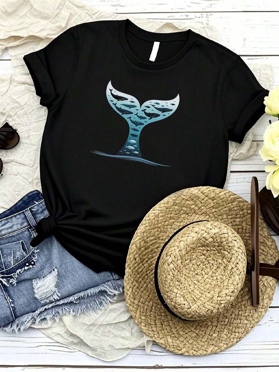180g Pure Cotton Whale Tail With Sharks Shirt - Marine Life Graphic Tee ...