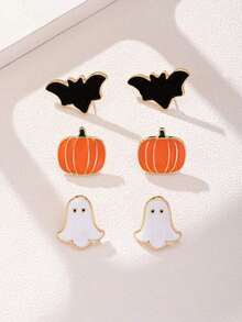 3 Pairs/Set Halloween Eerie Metal Orange Pumpkin, Bat, Ghost, White ...