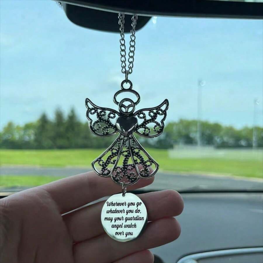 Stainless Steel Guardian Angel Car Pendant - Intricate Heart-Shaped ...
