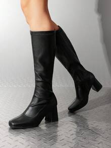 Women's Gogo Boots, Square Toe Chunky Heel Knee High Fall Boots Disco ...