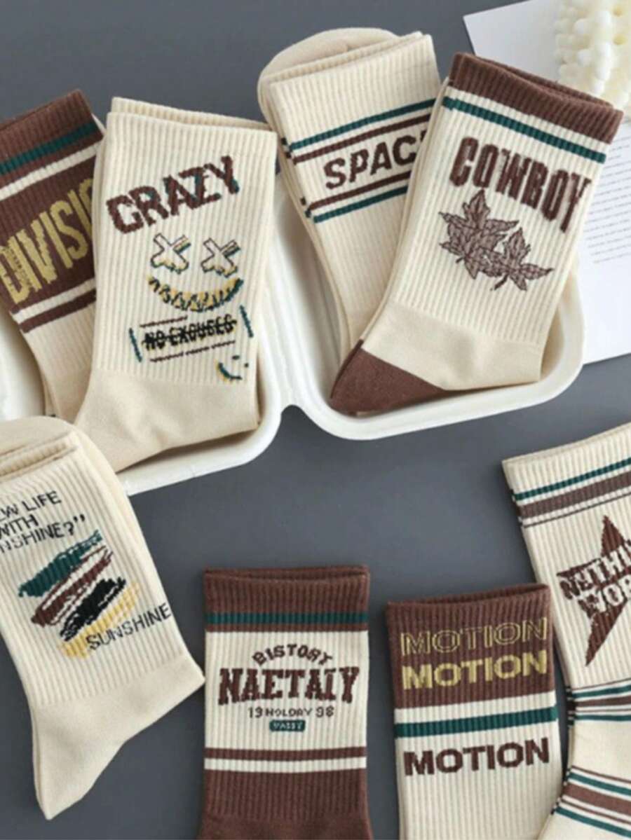 8 Pairs Of Random Letter Print Socks, Random Letter Print, Versatile ...