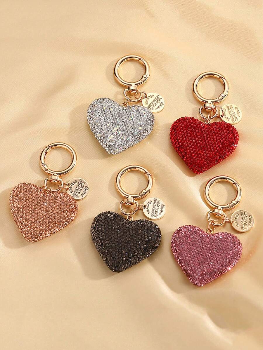 1pc Circular Alloy Rotating Keychain With Sparkling Rhinestone Heart ...
