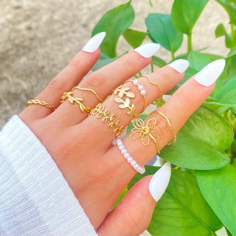 10pcs Fashionable Minimalist Casual Geometric Circle, Hollow Leaf ...