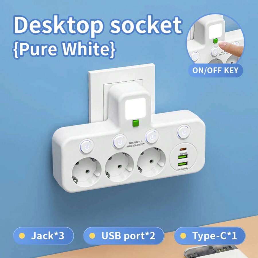 EU AC Plug Power Strip Wall Mounted Independent Switch Multitap Socket Network Filter With USB ...