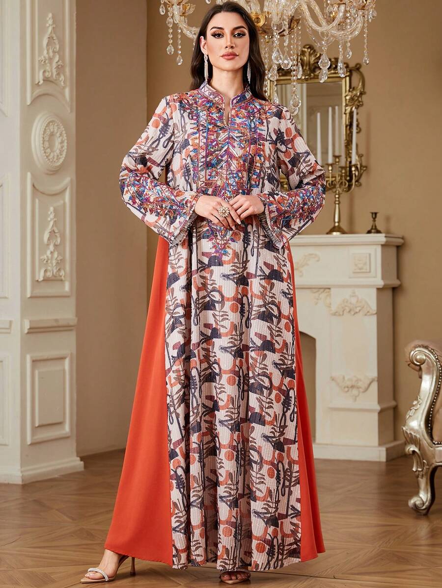 Women's Elegant Arabic Style Colorblock Splice Long Robe, Embroidered ...