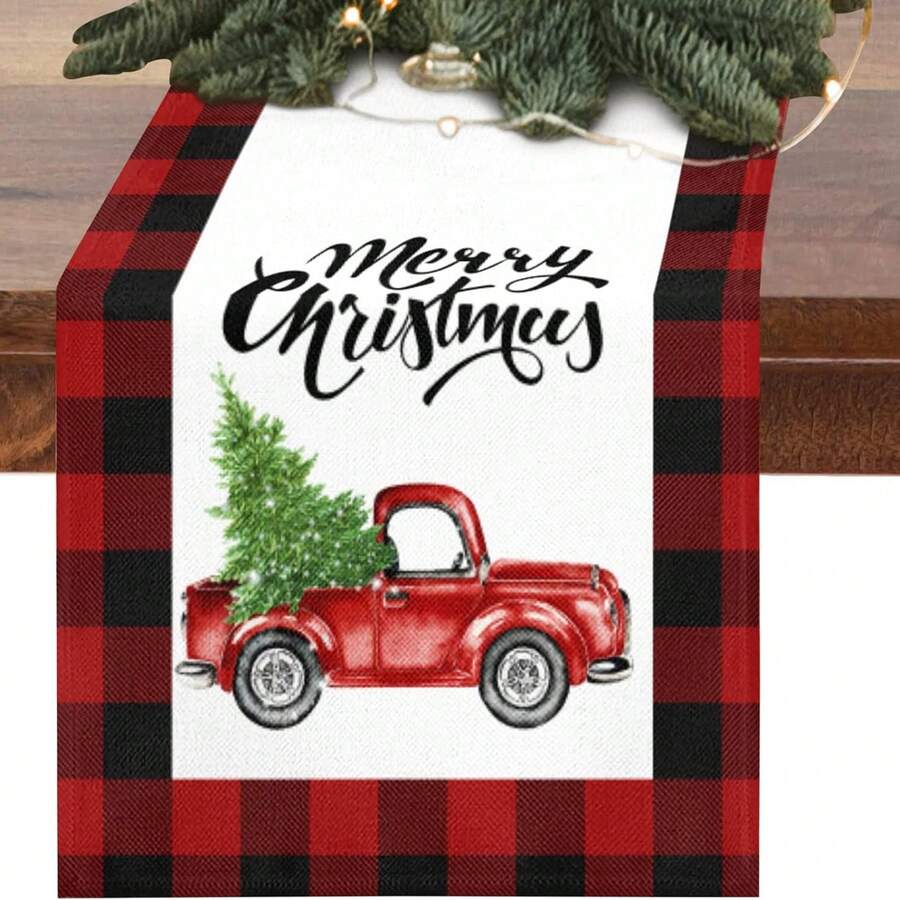 1pc Christmas Tree Table Runner, Christmas Winter Holiday Black & White ...