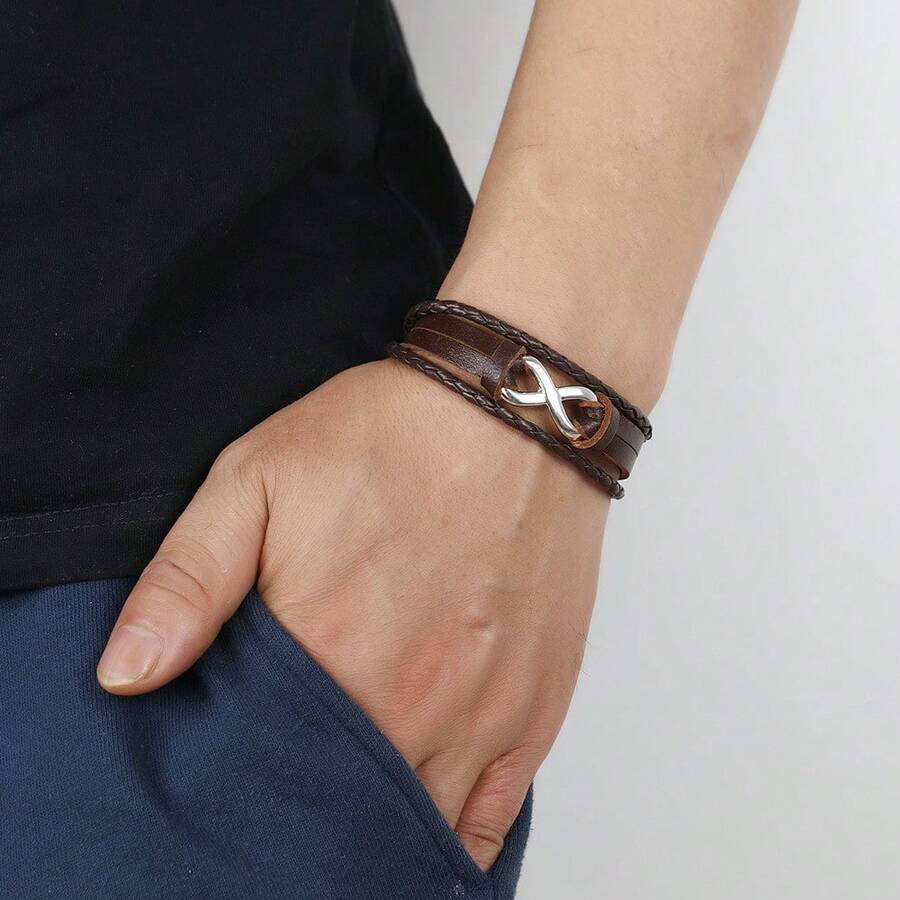 1pc Punk Style Vintage PU Leather Bracelet, Lucky 8 Shaped Alloy Bangle ...