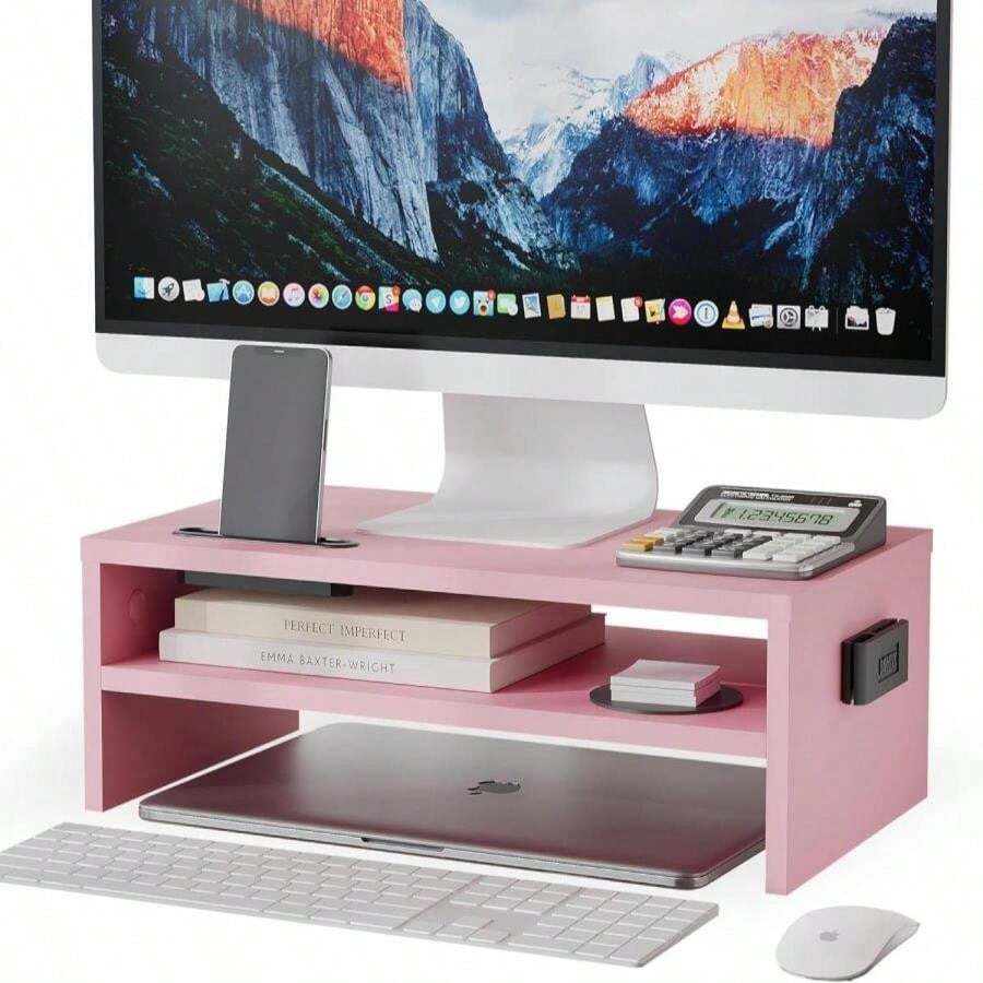 BONTEC Wooden Monitor Stand Riser, 2-Tier Desk Shelf With Storage ...
