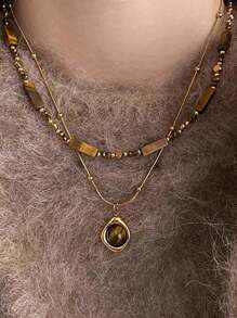 1pc/Set Vintage Elegant Multi-Layer Tiger Eye Stone Pendant Necklace ...