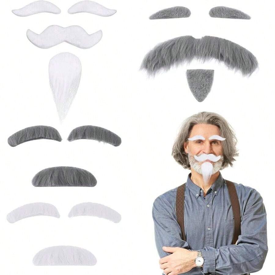 4 Sets Mustache White Beard Self Adhesive Old Man Stick On Mustache ...